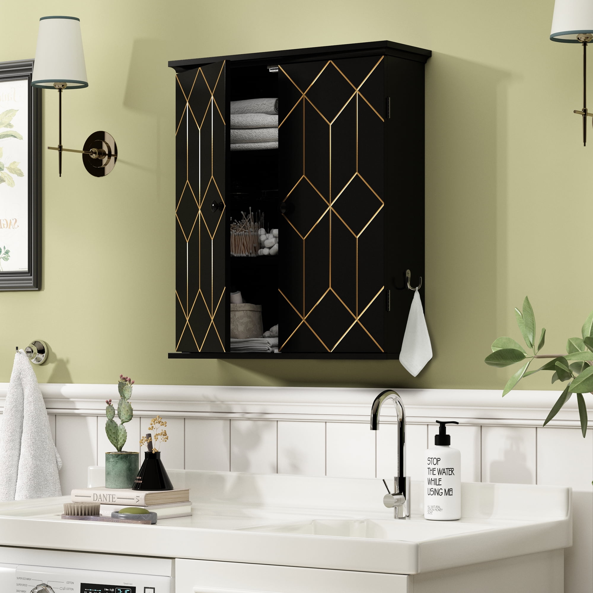 HLR Wall-Mounted Bathroom Storage Cabinet with Gold Trim, Bathroom ...