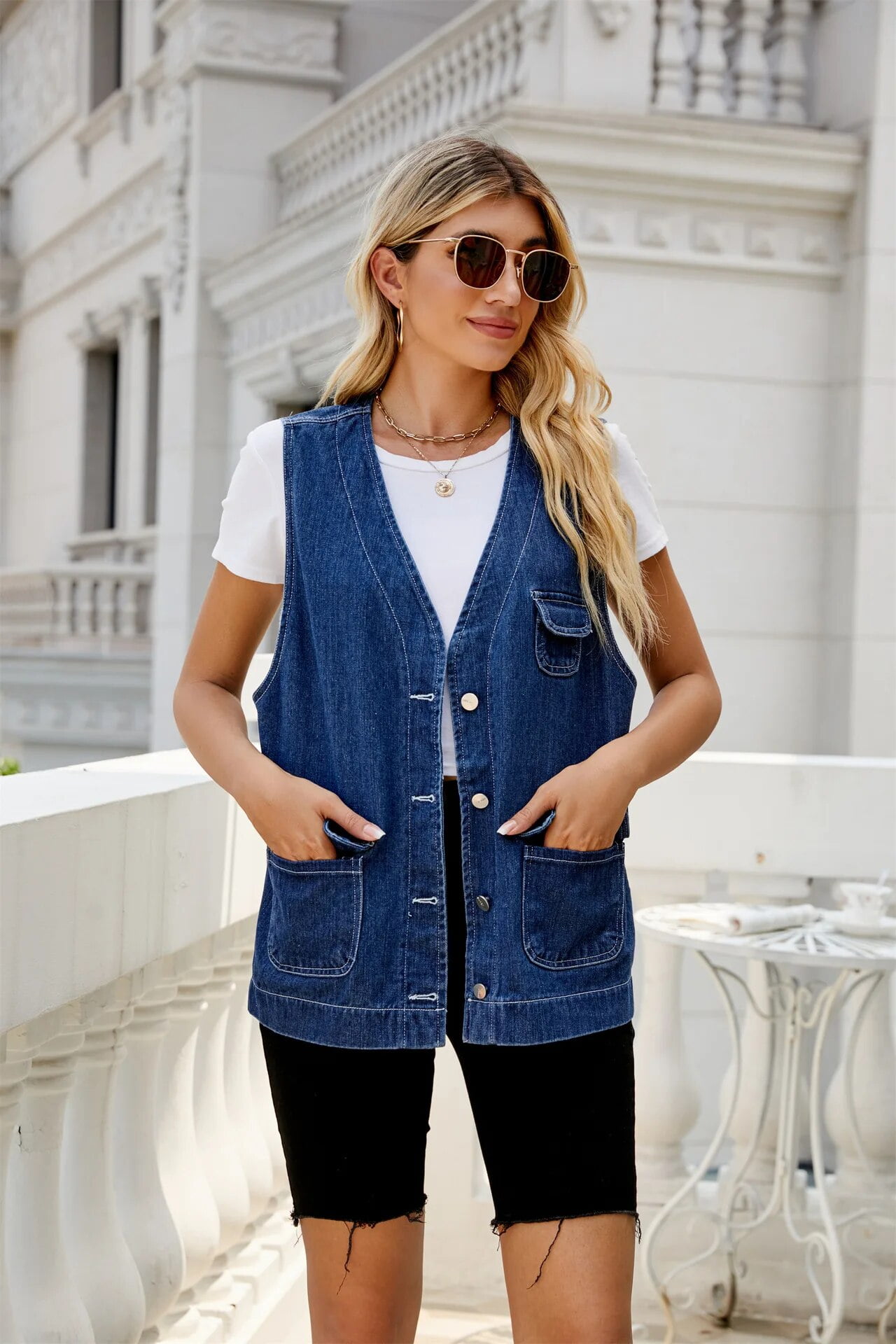 HLSOHJP Fall New Women Sleeveless Denim Vest Fashion Multi Pocket Jeans ...