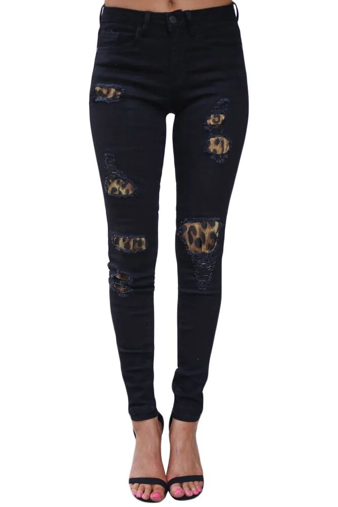 HLSOHJP Hot sale women's ripped leopard print jeans Fashion stretch ...