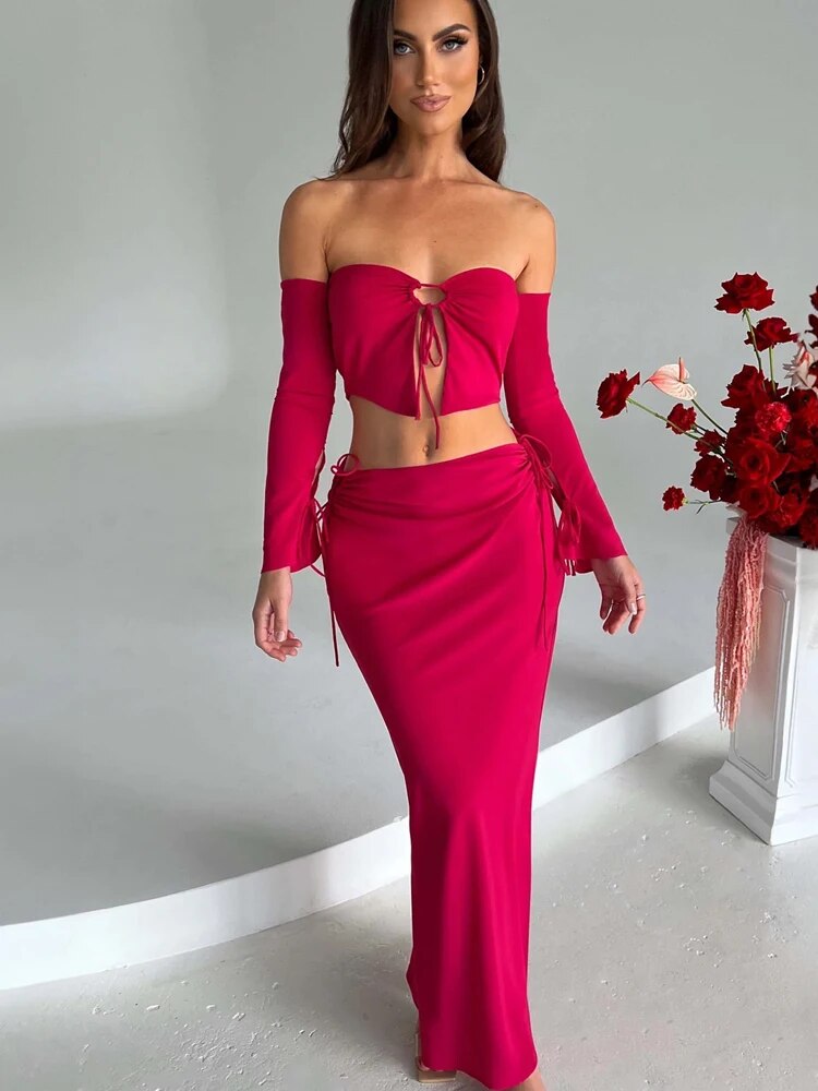 HLSOHJP Lace Up Backless Sexy Two Piece Set Hollow Out Top Chain Long Skirt Women Set Elegant ...