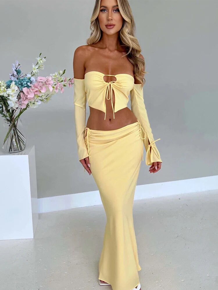 HLSOHJP Lace Up Backless Sexy Two Piece Set Hollow Out Top Chain Long Skirt Women Set Elegant ...