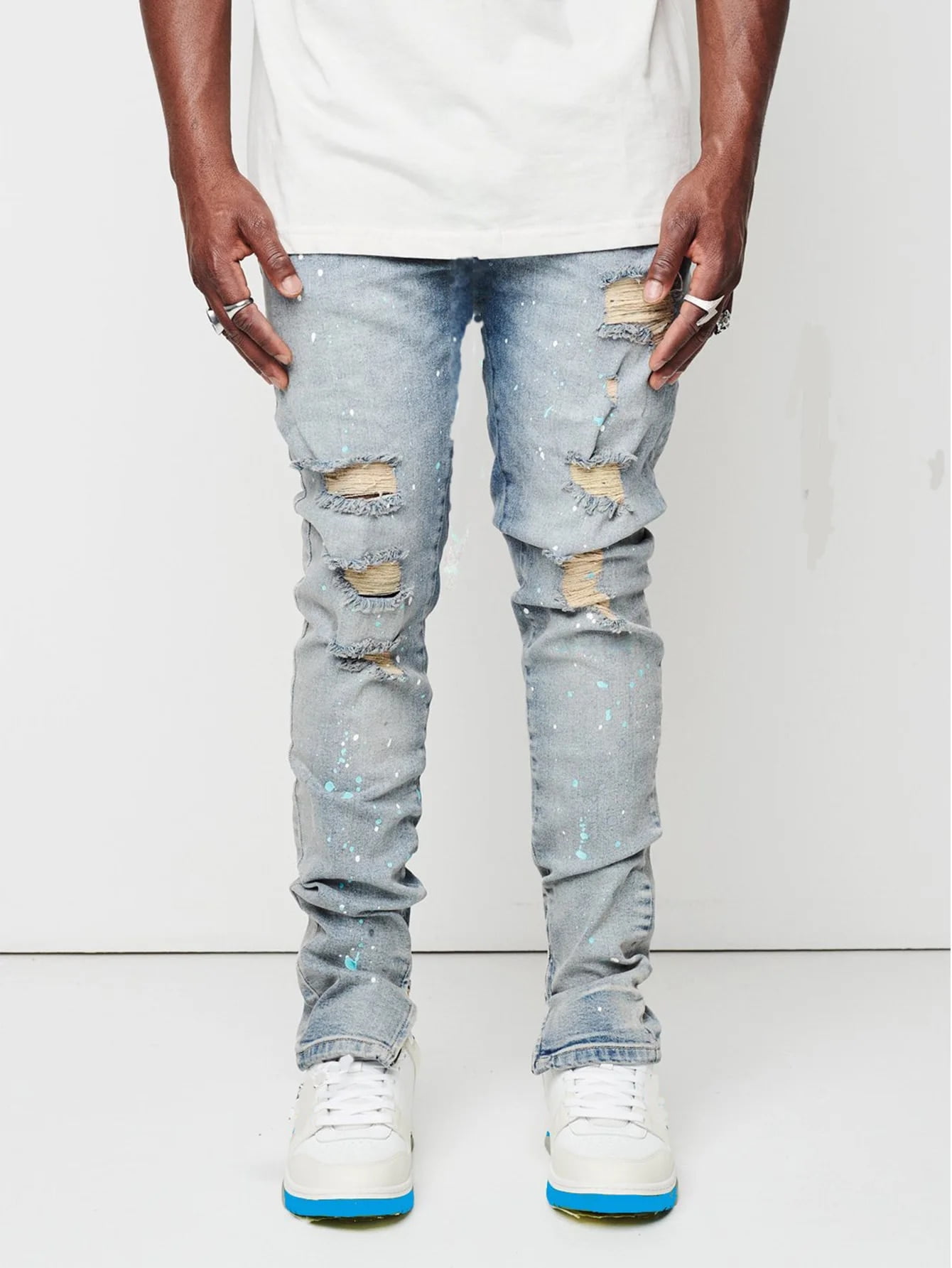 HLSOHJP New Fashion Ripped Jeans For Men Trendy Slim Paint Craft Denim ...