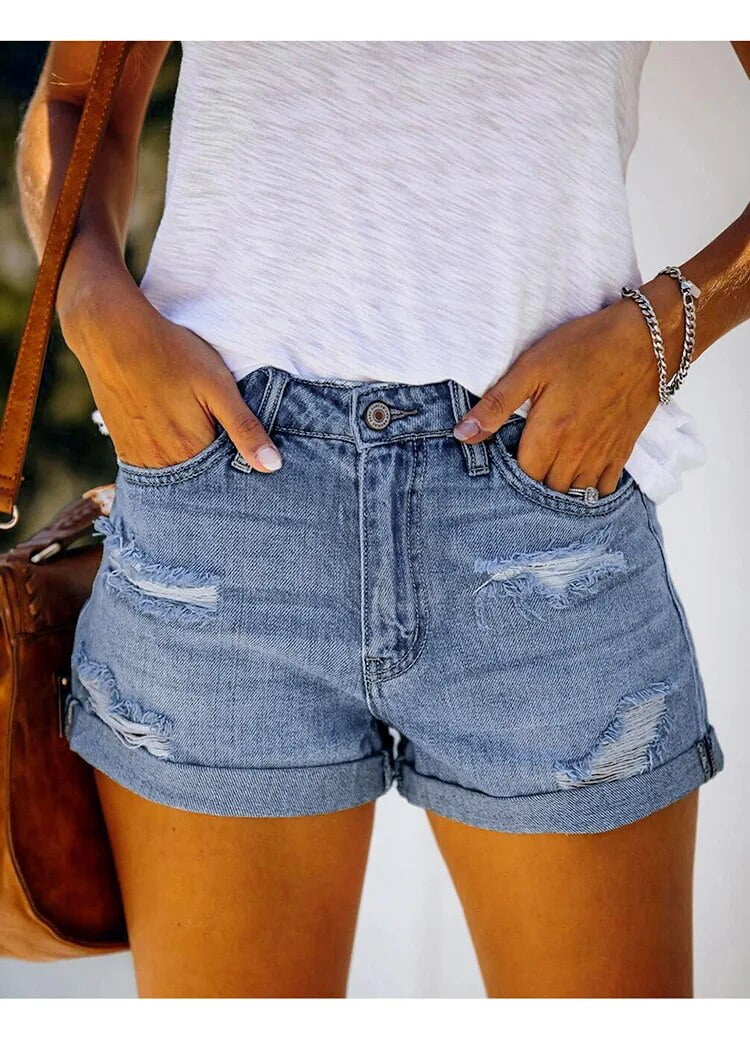 HLSOHJP New Summer Ripped Mid Waist Denim Shorts For Women Fashion ...