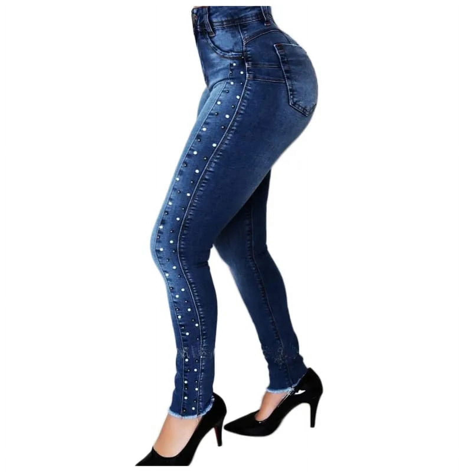 HLSOHJP New Women Dark Blue High Waist Beaded Jeans High Stretch Denim ...