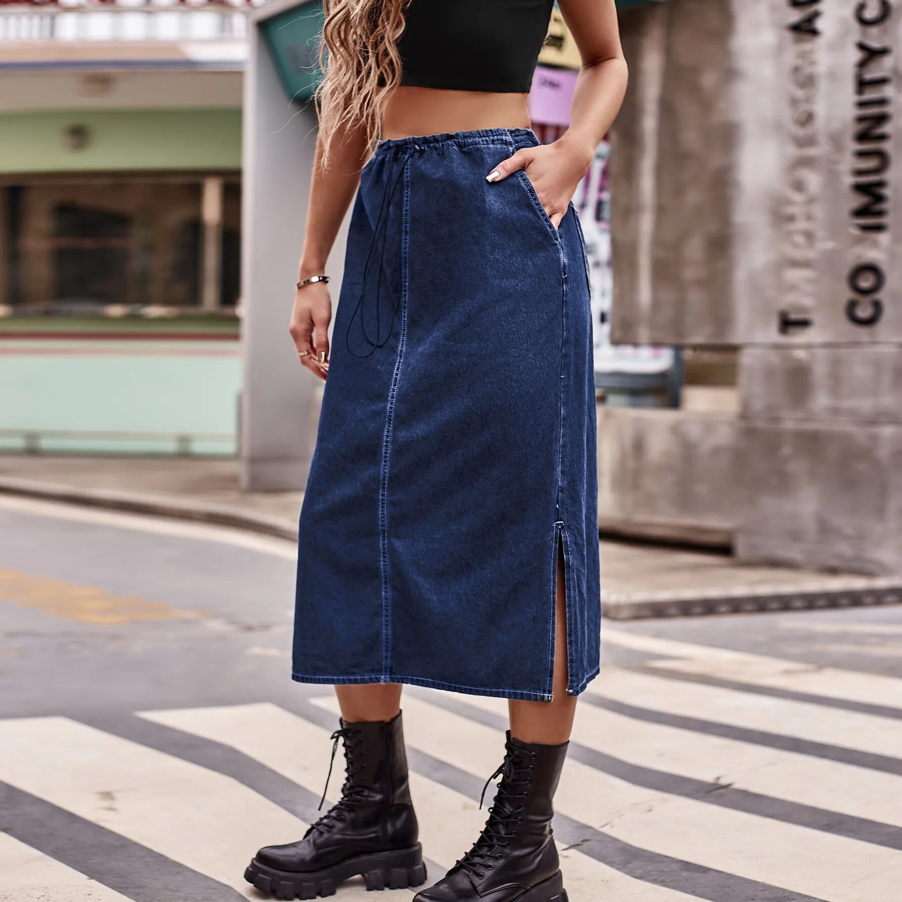 HLSOHJP New Women Elastic Waist Drawstring Denim Skirt Summer Fashion ...