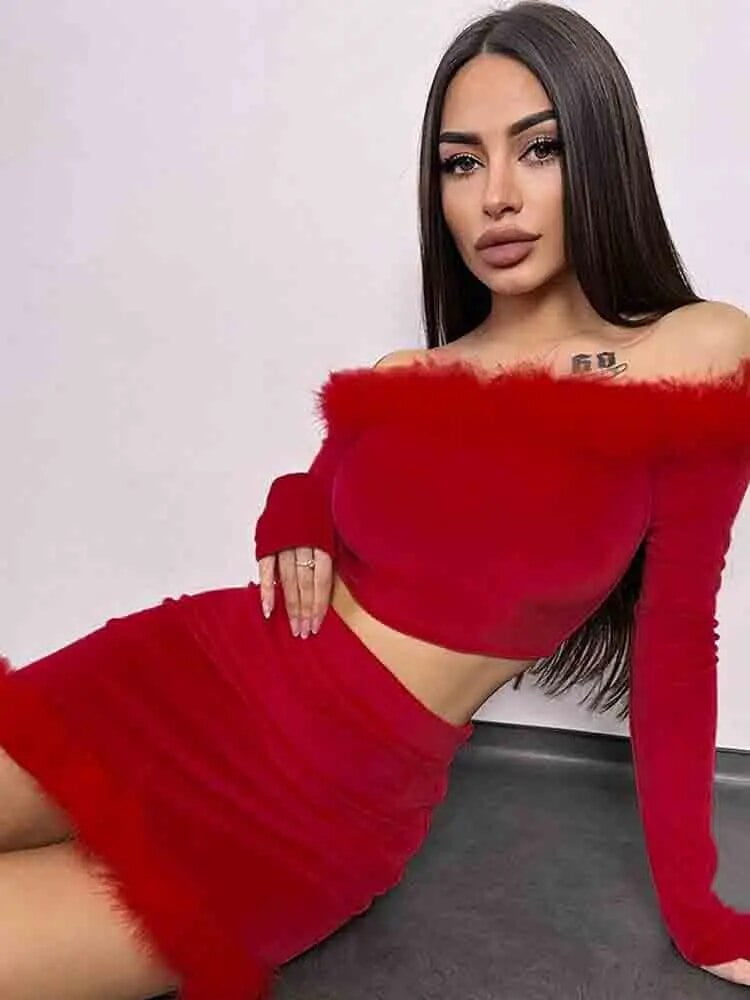 HLSOHJP Spring Black Fluff Sexy Two Piece Set Backless Tops Mini Skirt ...