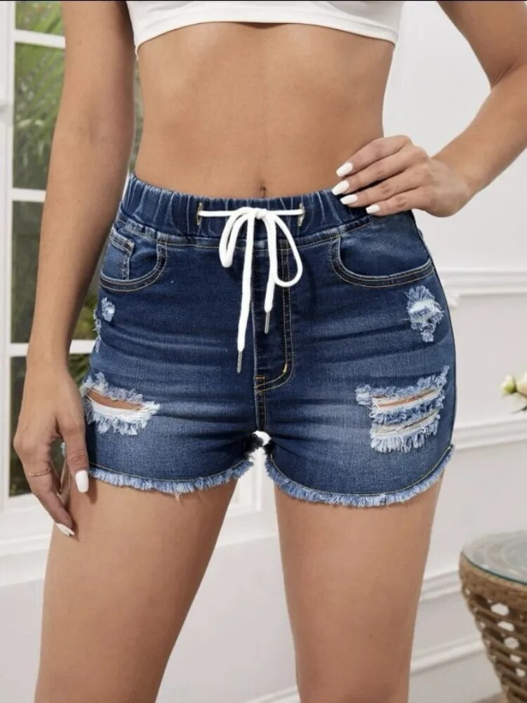 HLSOHJP Summer New Women Elastic Waist Ripped Denim Shorts Fashion High ... HLSOHJP Summer New Women Elastic Waist Ripped Denim Shorts Fashion High ...
