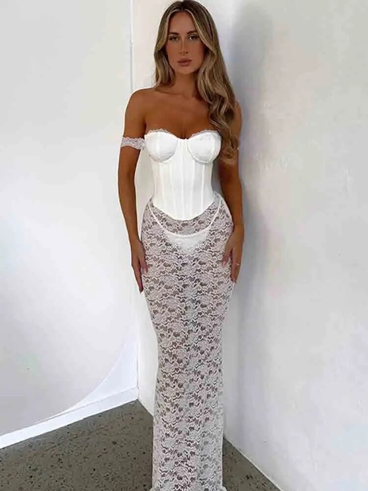 HLSOHJP White Lace Hollow Out Sexy Two Piece Set Corset Tops Long Skirt ...