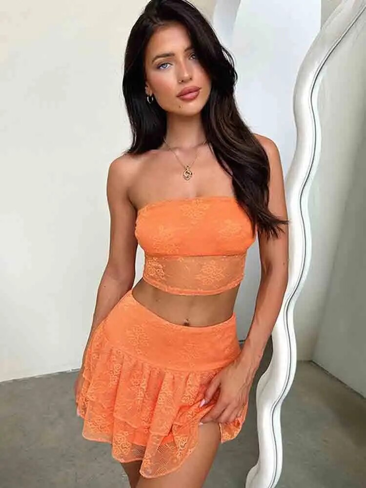 HLSOHJP White Lace Sexy Two Piece Set Ruffle Strapless Vest Tops Mini Skirt Women Set Elegant ...