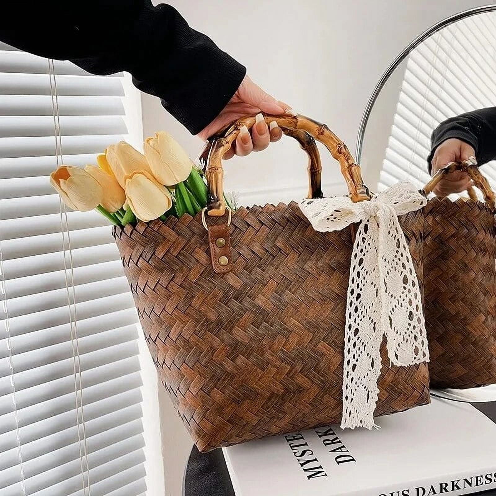 HLSOHJP Women Woven Straw Handbag Casual Handmade Hollow Design Rattan ...
