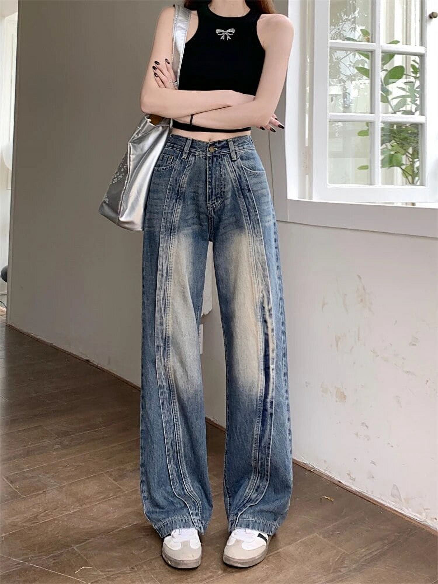 HLSOHJP Women's American Retro Straight Blue Jeans Tie Dye Patchwork ...
