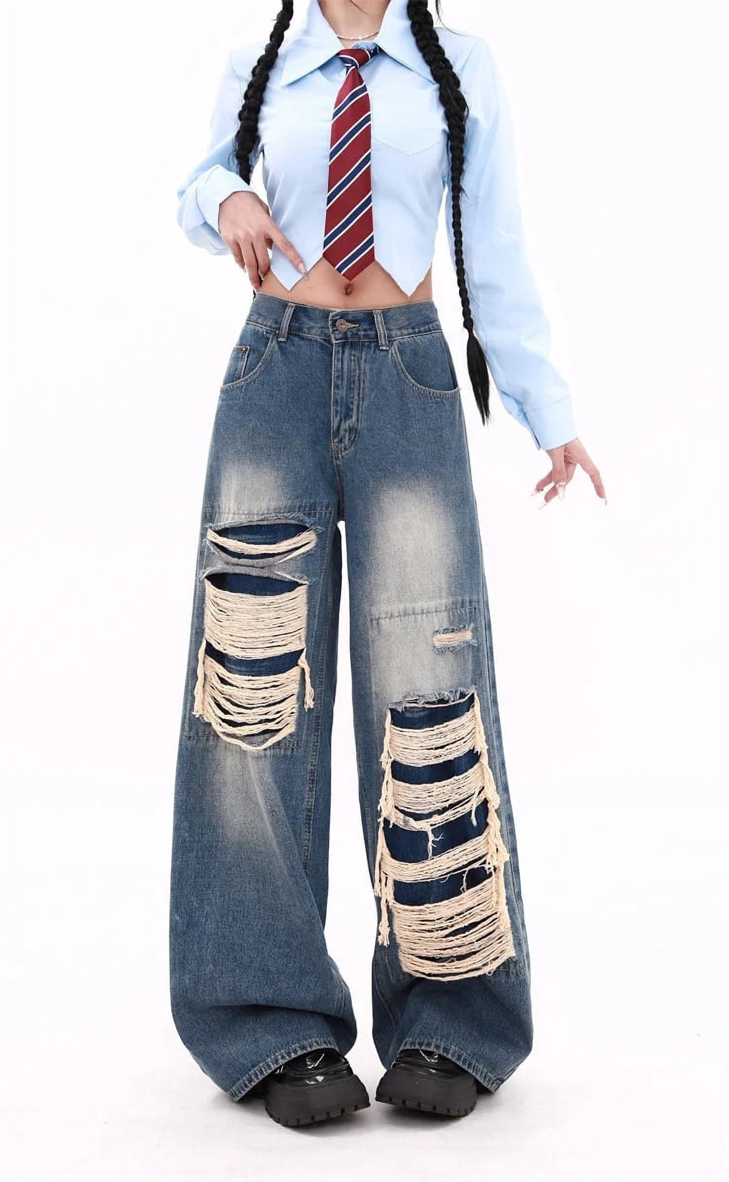 HLSOHJP Women's Broken Tassel Splicing Wide Leg Baggy Jeans Vintage ...