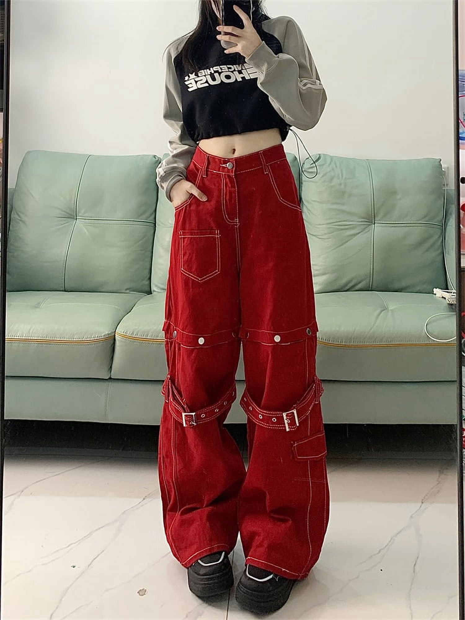 HLSOHJP Women's Button Splicing Design High Waisted Red Jeans American ...
