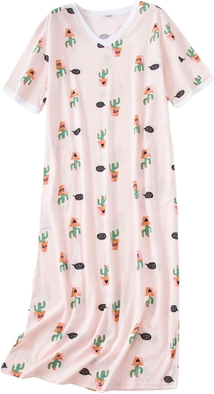 HLSOHJP Women's Cotton Nightgown Short Sleeve Cartoon Printed Sleep ...