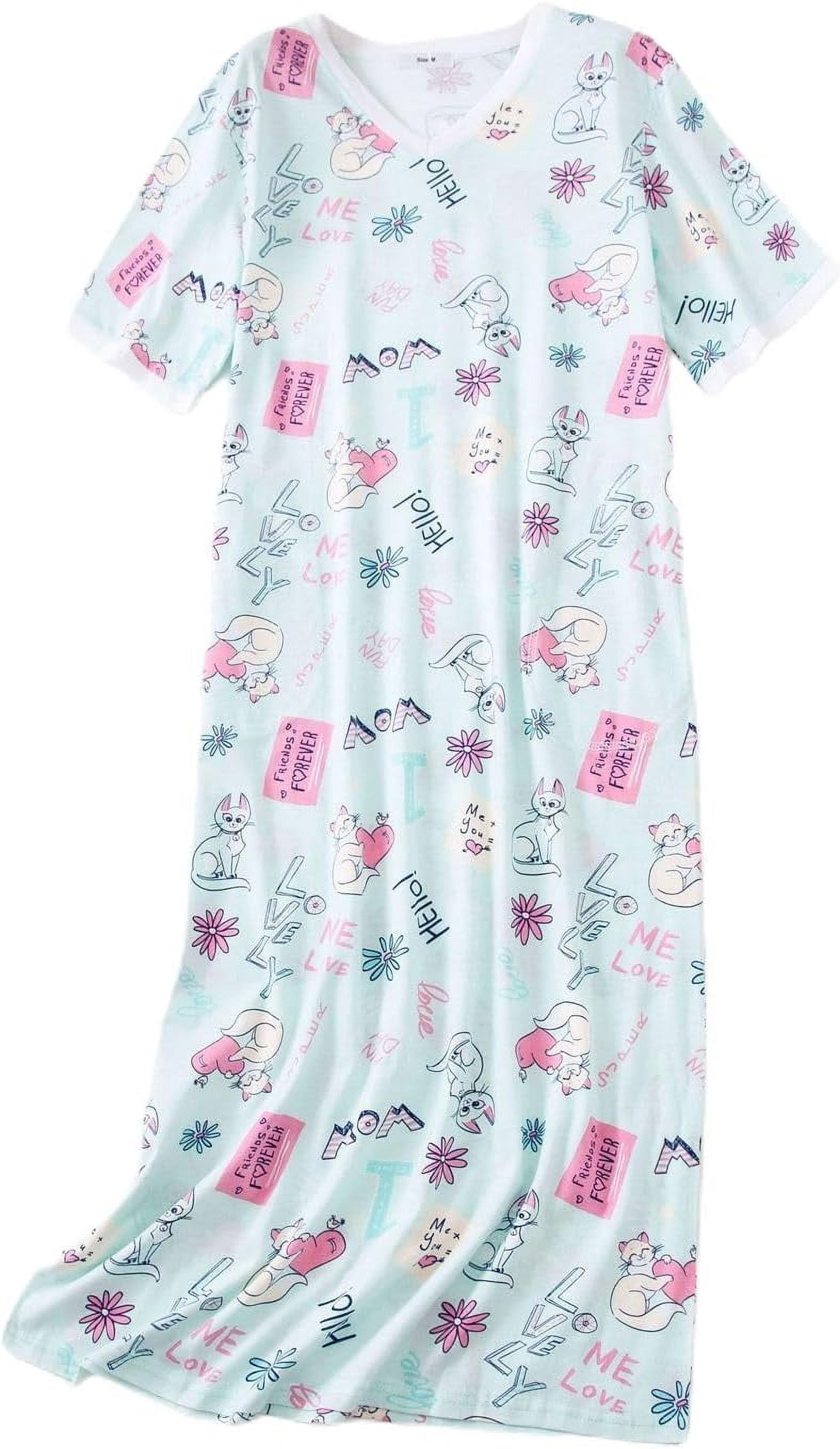 HLSOHJP Women's Cotton Nightgown Short Sleeve Cartoon Printed Sleep ...