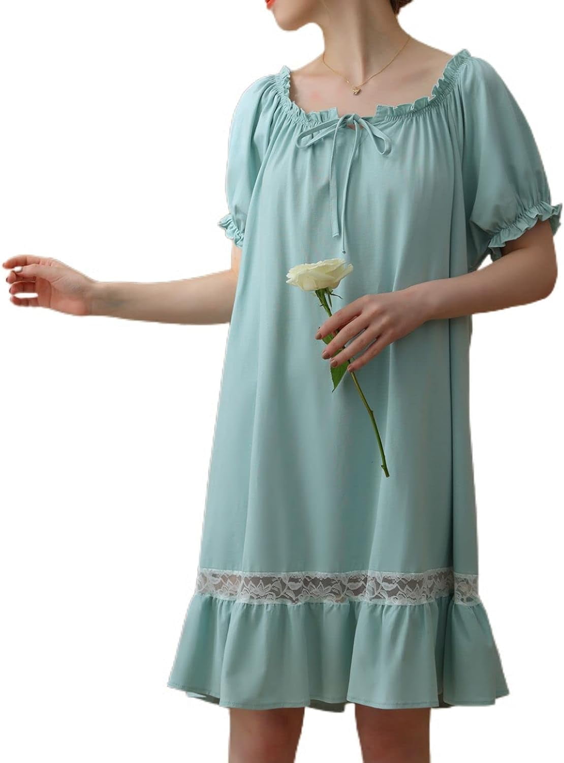 HLSOHJP Women's Cotton Pajama Dress Cute Summer Short Sleeve Ruffle ...