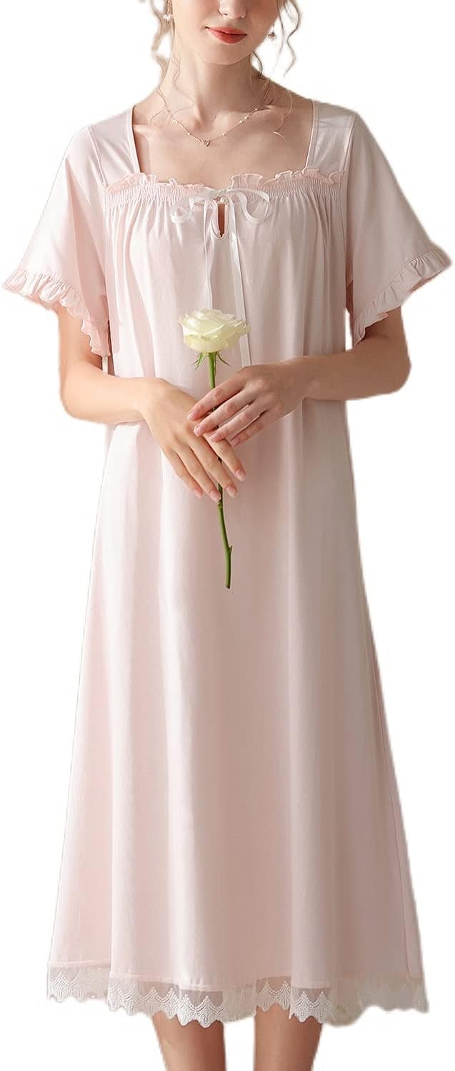 HLSOHJP Women's Cotton Victorian Nightgown Short Sleeve Pj Soft Pajama ...