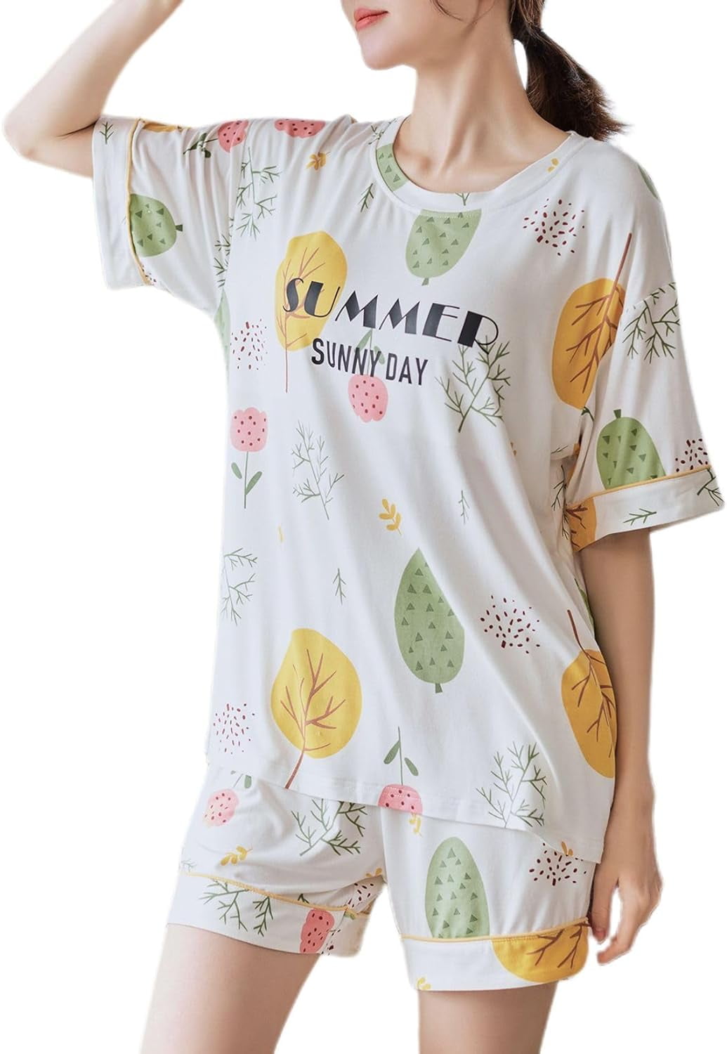 HLSOHJP Women's Cute Pajama Set Soft Summer 2 Piece Short Sleeve Shorts ...