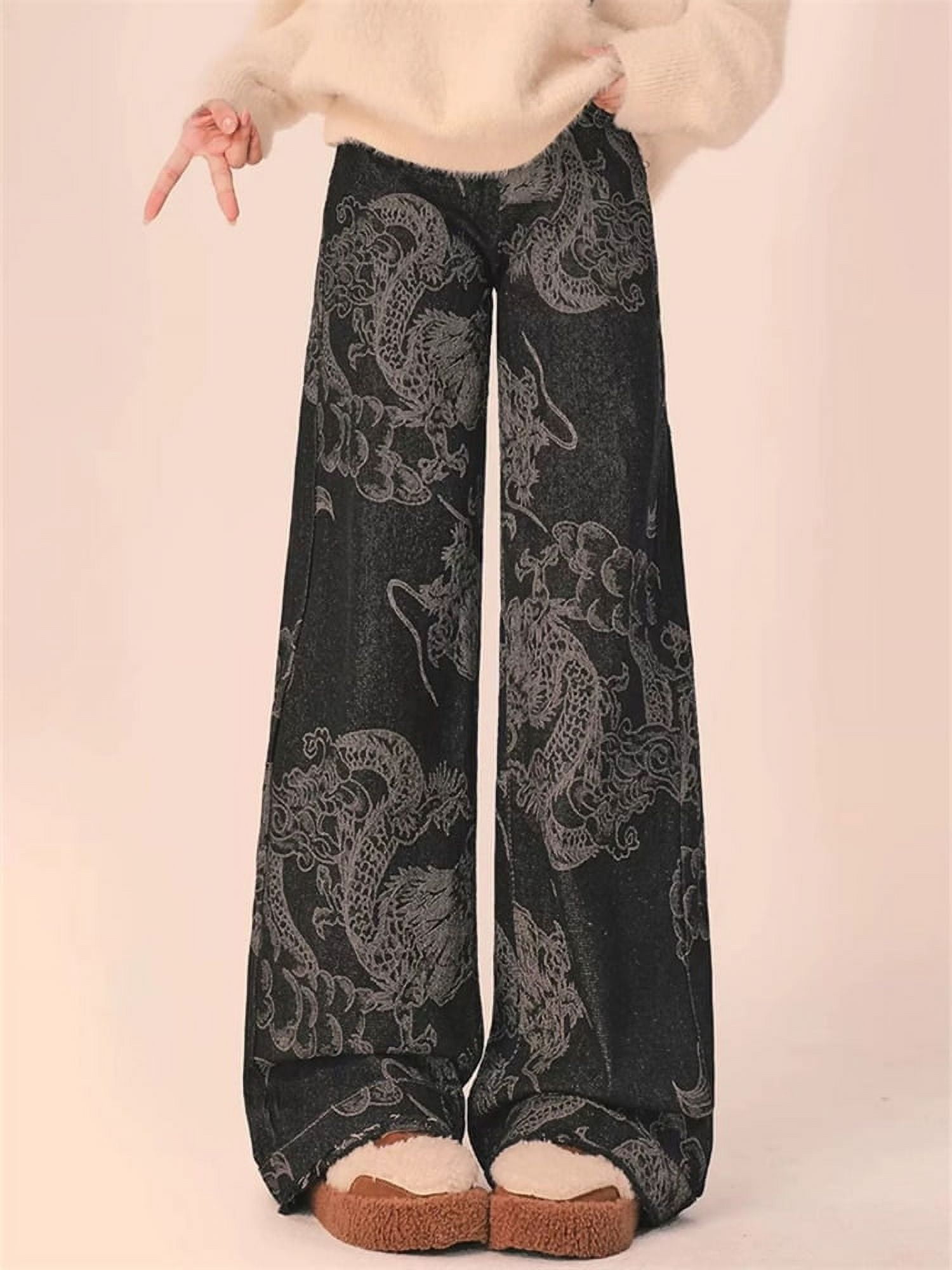 HLSOHJP Women's Dragon Print Design Chinese Style Pant American Vintage ...