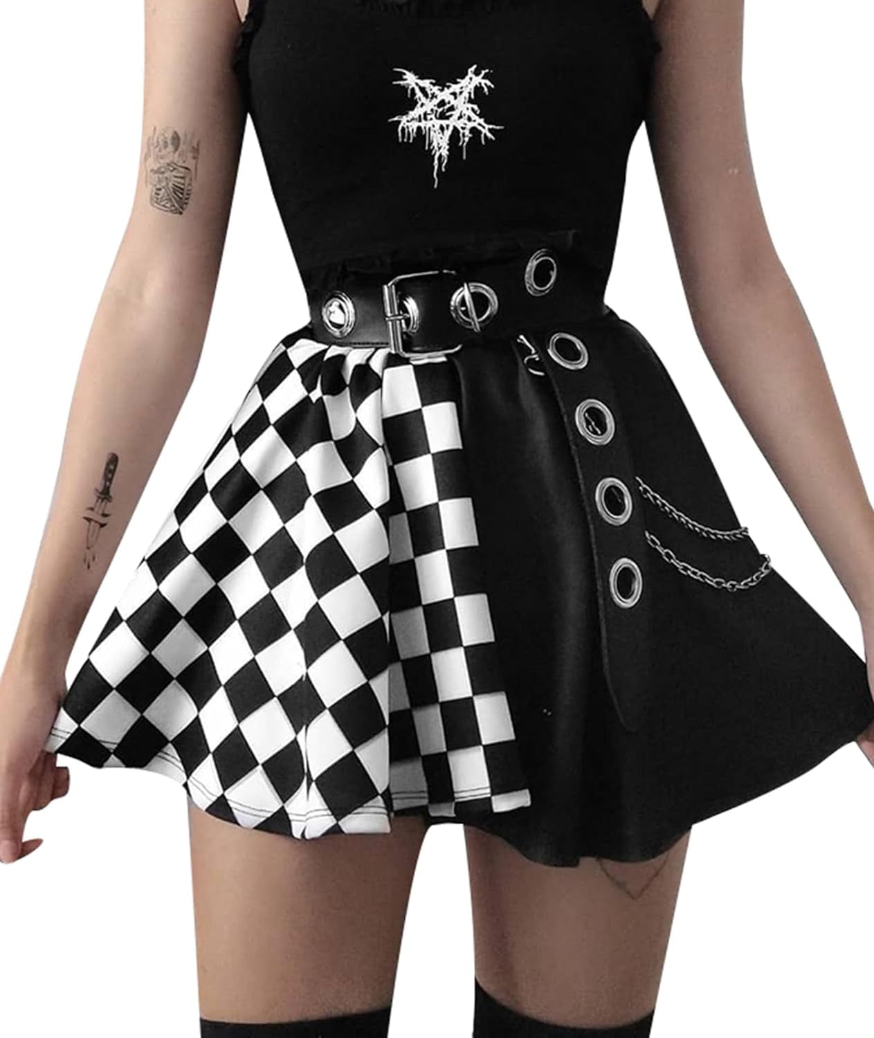 HLSOHJP Women's Flared Checkerboard Mini Skirt Girls High Wasited Sweat ...