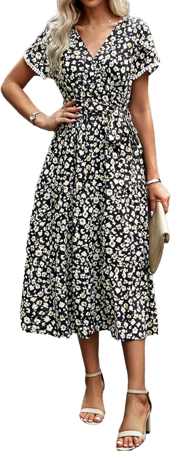 HLSOHJP Women's Floral Boho Dress Short Sleeve V-Neck Belted Ruffle ...