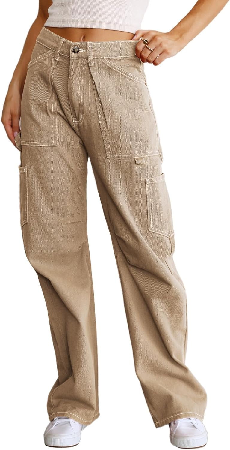 Hlsohjp Womens High Waist Baggy Cargo Jeans Flap Pocket Relaxed Fit