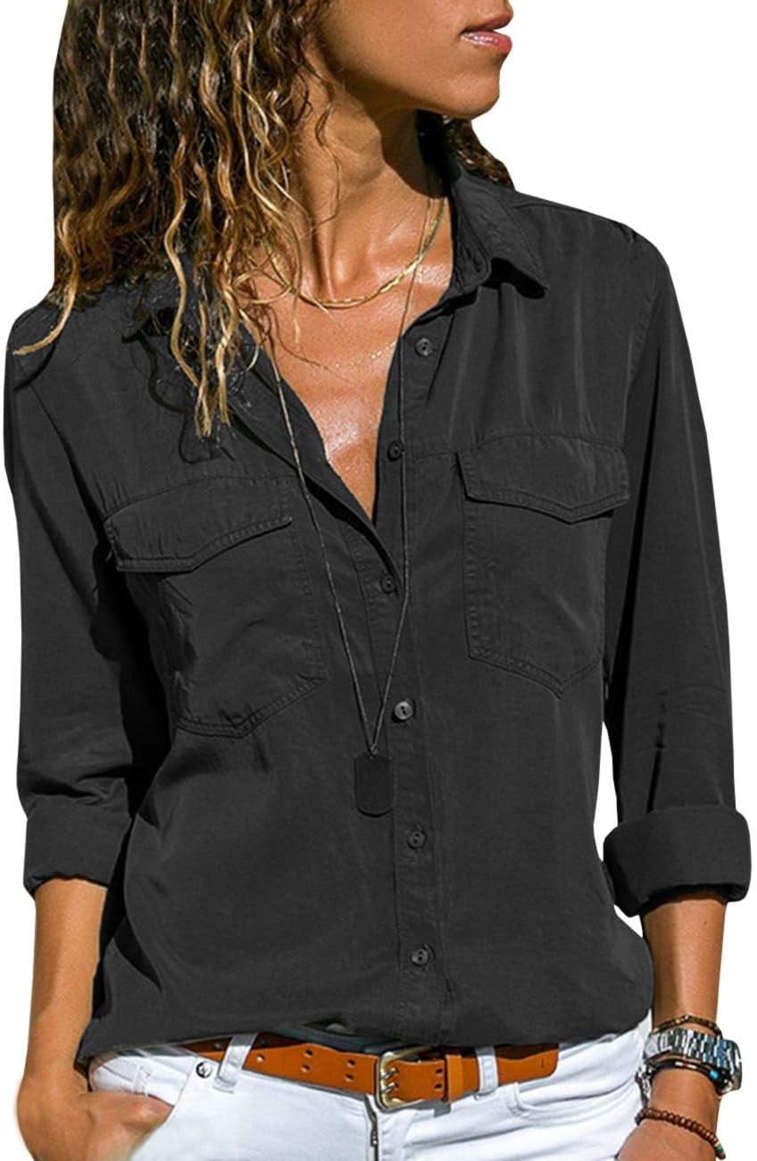 HLSOHJP Women's Lapel Long Sleeve Stand Collar Shirts Tops Plain Plus ...