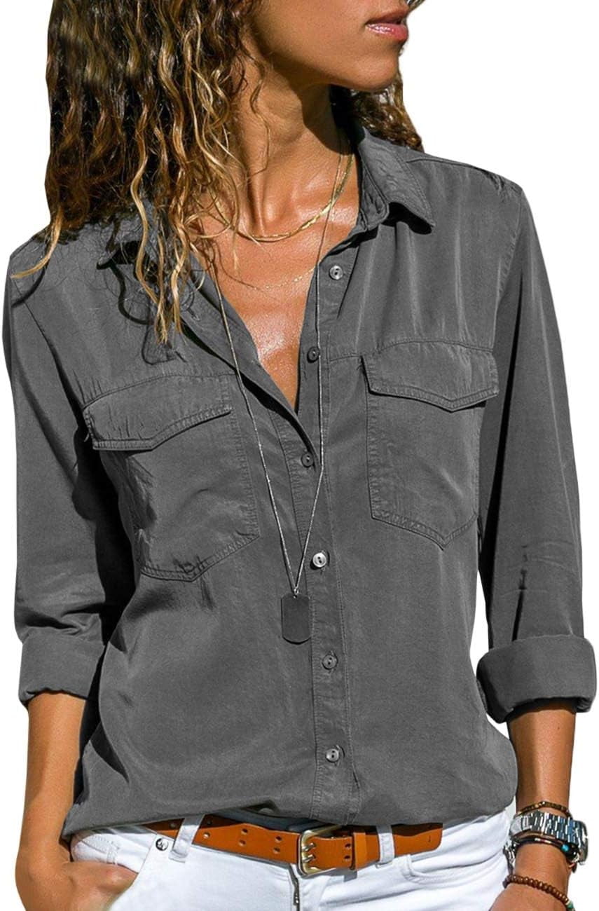 HLSOHJP Women's Lapel Long Sleeve Stand Collar Shirts Tops Plain Plus Size Front Pockets Turn ...