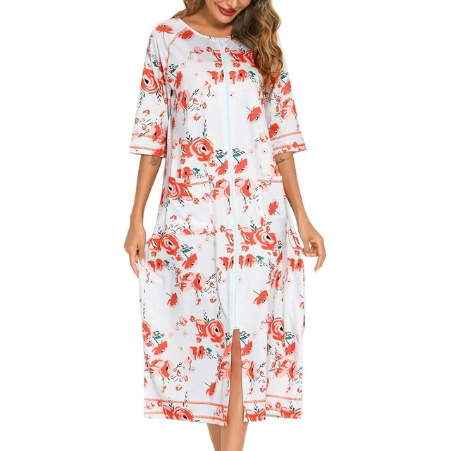 HLSOHJP Women's Long House Coat Full Zipper Robes Housecoat with ...