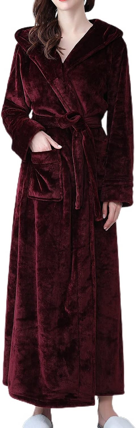 HLSOHJP Women's Long Plush Robe Soft Fluffy Bathrobe Hooded Winter ...