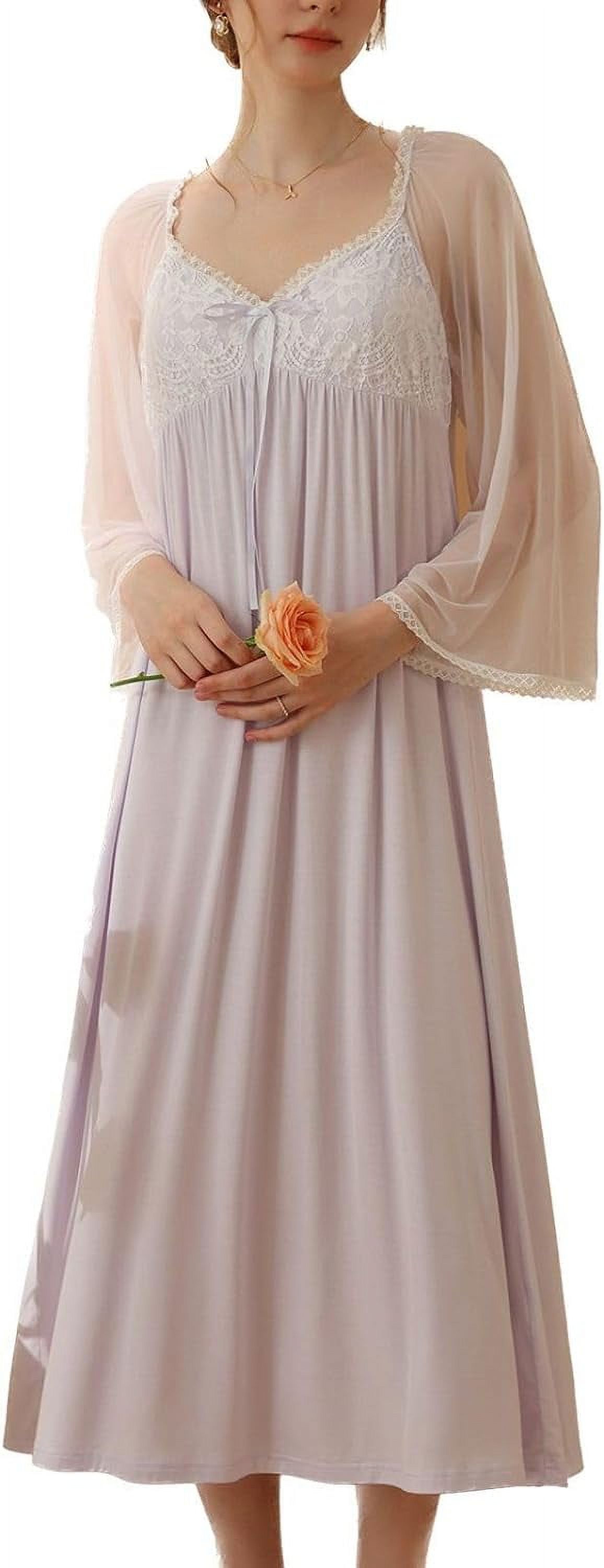 HLSOHJP Women's Long Sleeve Nightgown Princess Pajamas Soft Lace ...