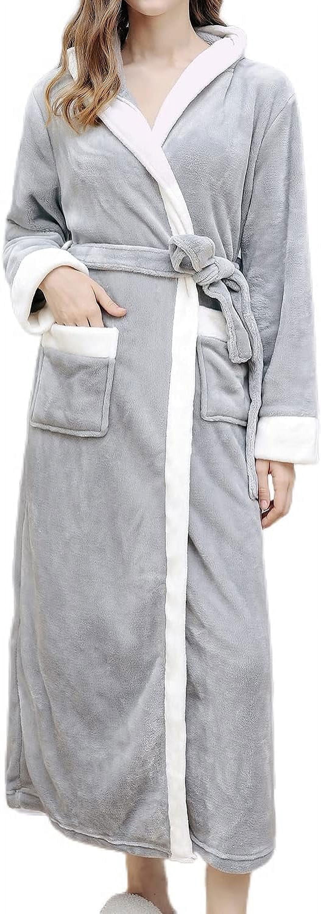 HLSOHJP Women's Plush Hooded Robe Winter Color Block Full Length Fluffy ...