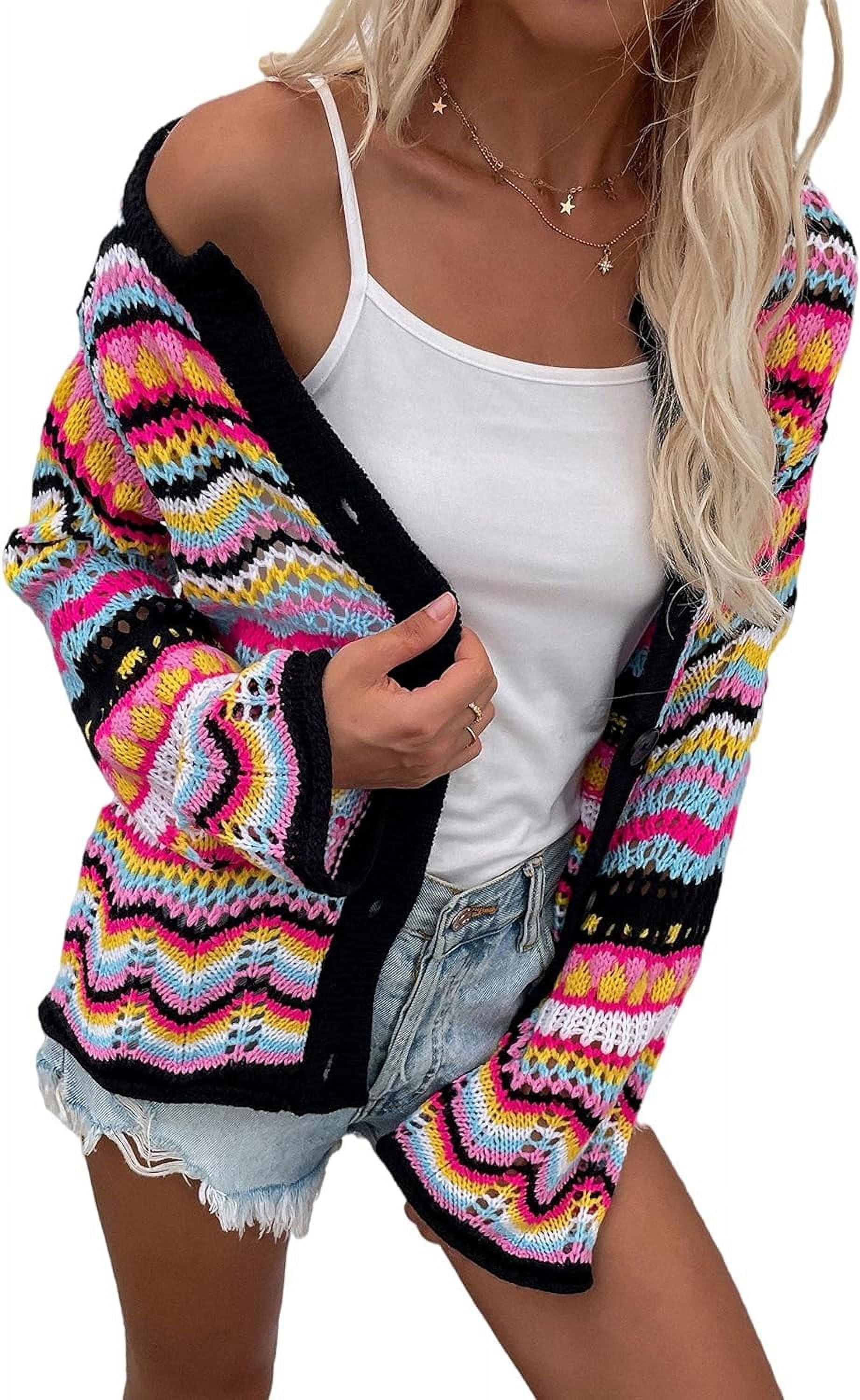 HLSOHJP Women's Rainbow Knitted Cardigan Sweater Long Sleeve Multicolor ...