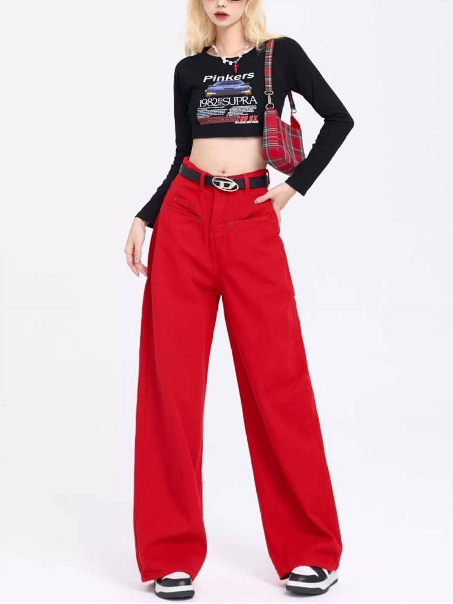 HLSOHJP Women's Red High Waisted Straight Jeans Vintage American Street ...