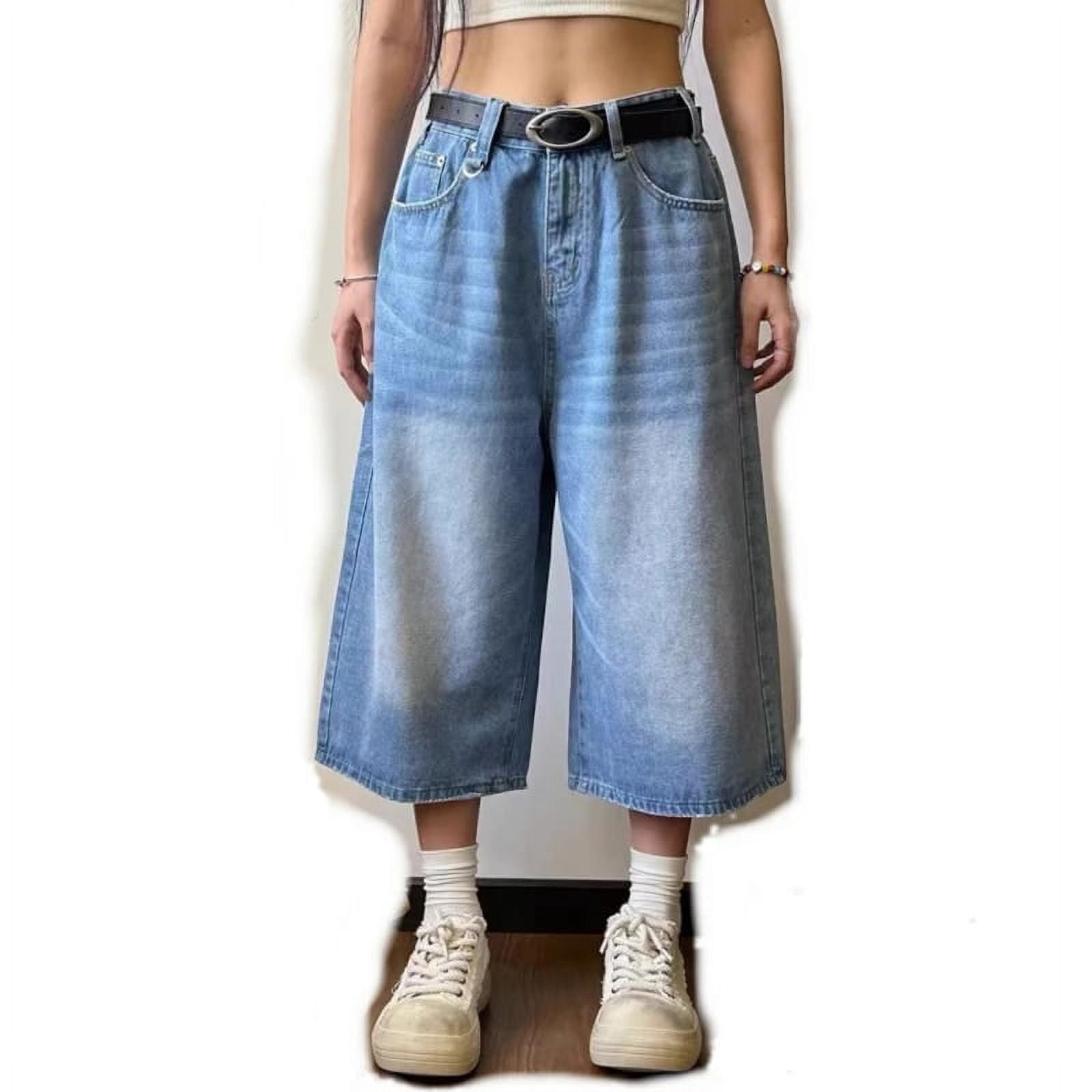 HLSOHJP Women's Retro Large Size Denim Shorts Unisex Style Wide Leg ...