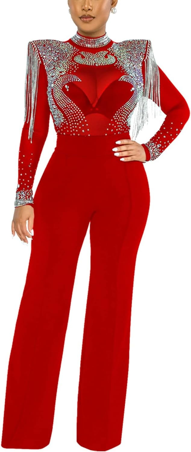 HLSOHJP Women's Rhinestone Sheer Mesh Jumpsuit Long Sleeve Wide ...