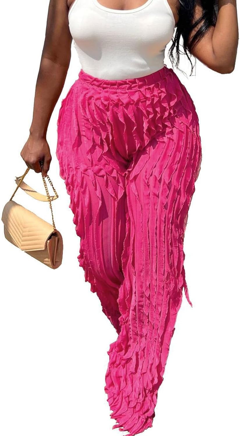 HLSOHJP Women's Ruffle Wide Leg Trousers High Rise Sheer Mesh See ...