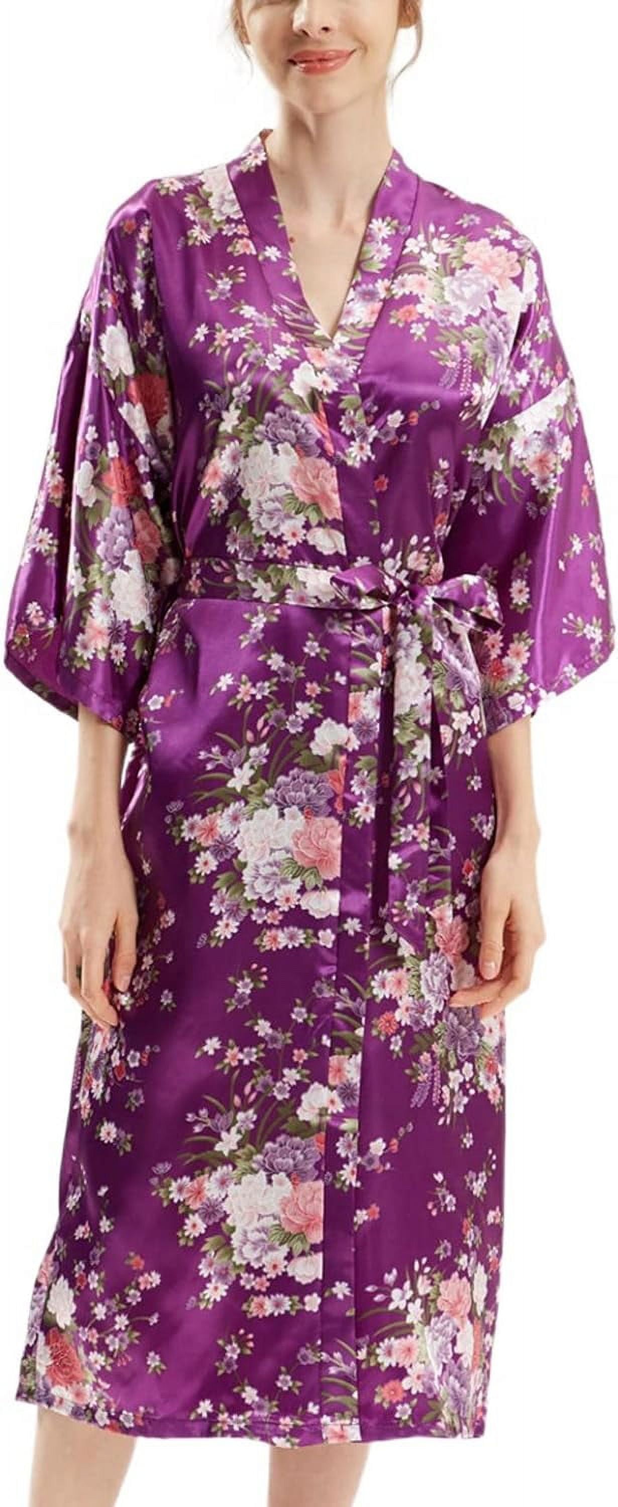 HLSOHJP Women's Satin Bathrobe Long Bath Robe Kimono Bride Bridesmaid ...