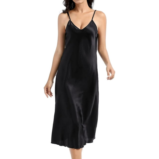 HLSOHJP Women's Satin Sleep Dress Summer Deep V Neck Nightgown Calf ...