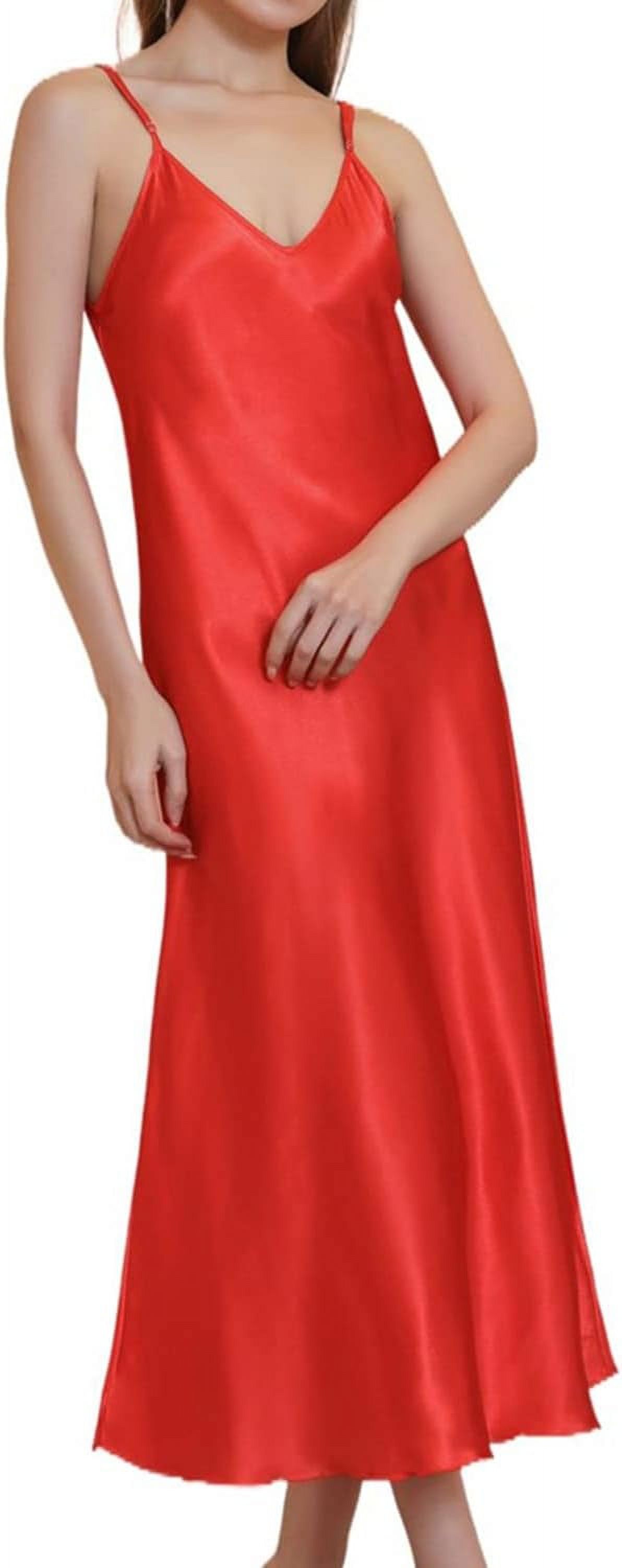 HLSOHJP Women's Satin Sleep Dress Summer Deep V Neck Nightgown Calf ...