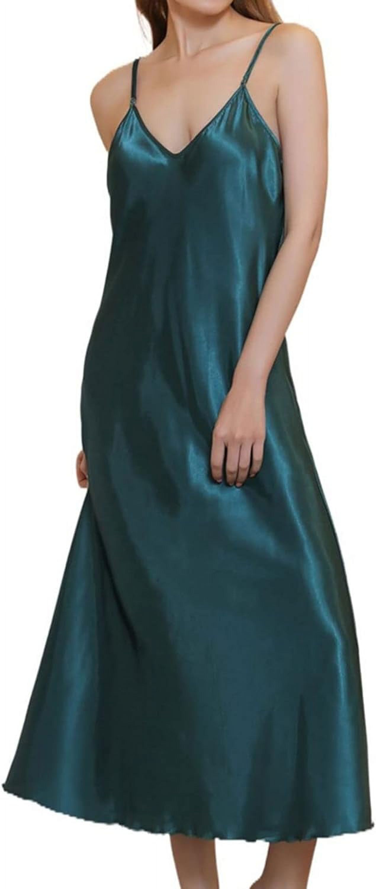 HLSOHJP Women's Satin Sleep Dress Summer Deep V Neck Nightgown Calf ...