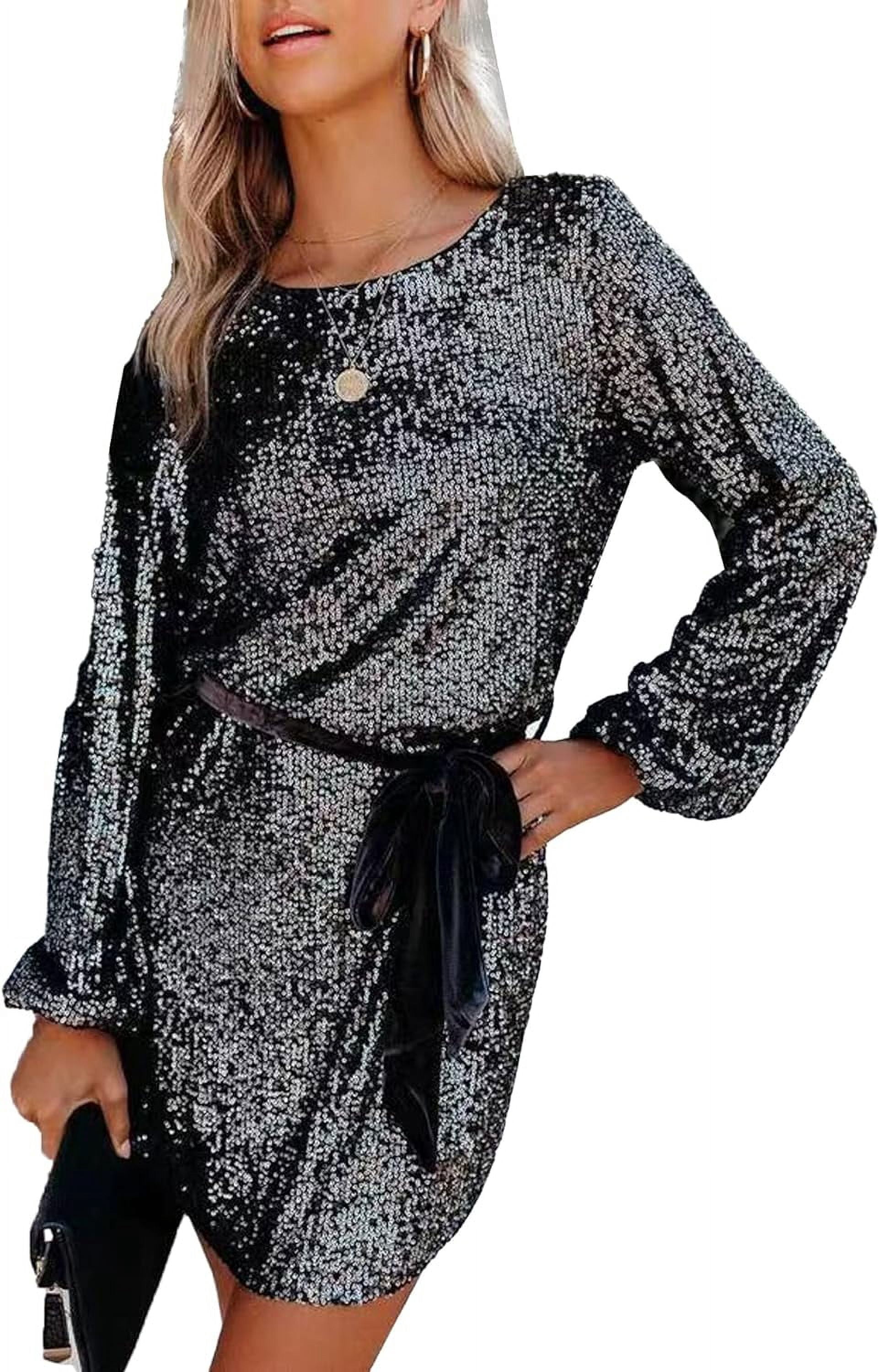 HLSOHJP Women's Sequin Belted Party Dress Long Lantern Sleeve Glitter ...