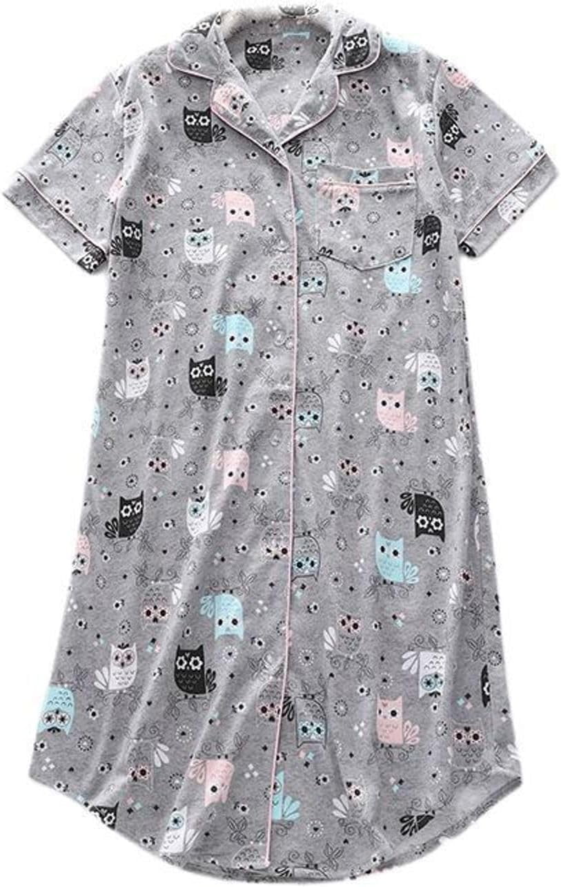 HLSOHJP Women's Short Sleeve Nightgown Cartoon Printed Button Down Cute ...