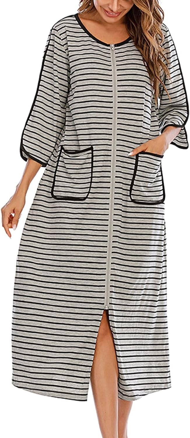 HLSOHJP Women's Soft House Dress Zip Up Robes House Coat Cotton Pajamas ...