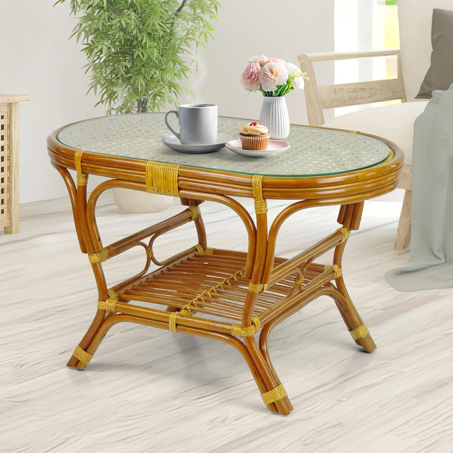HLTDGV Pelangi Oval Coffee Colonial Color with Glass Top Natural Wicker ...