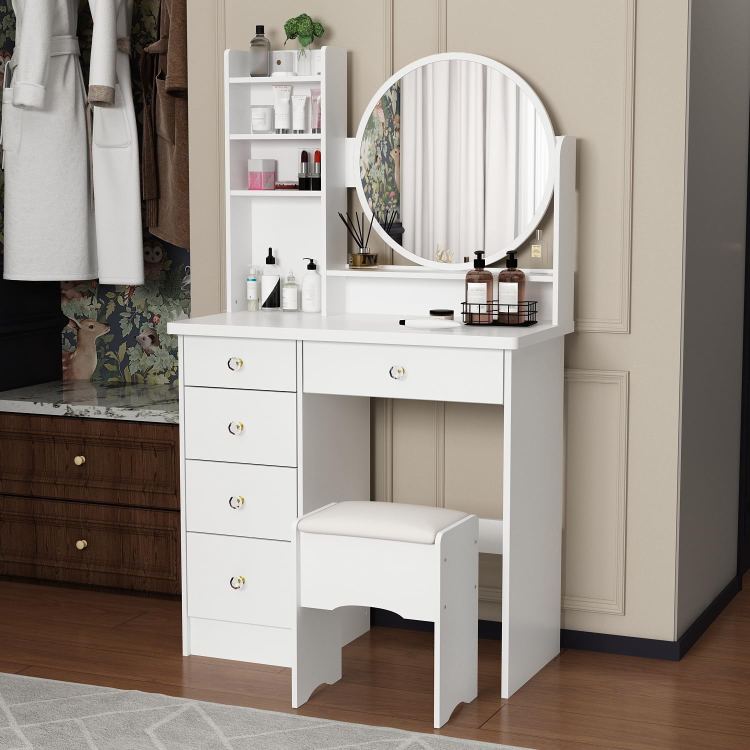 Small Vanity with Mirror Makeup Vanity with Shelves & 5 Drawers Vanity ...