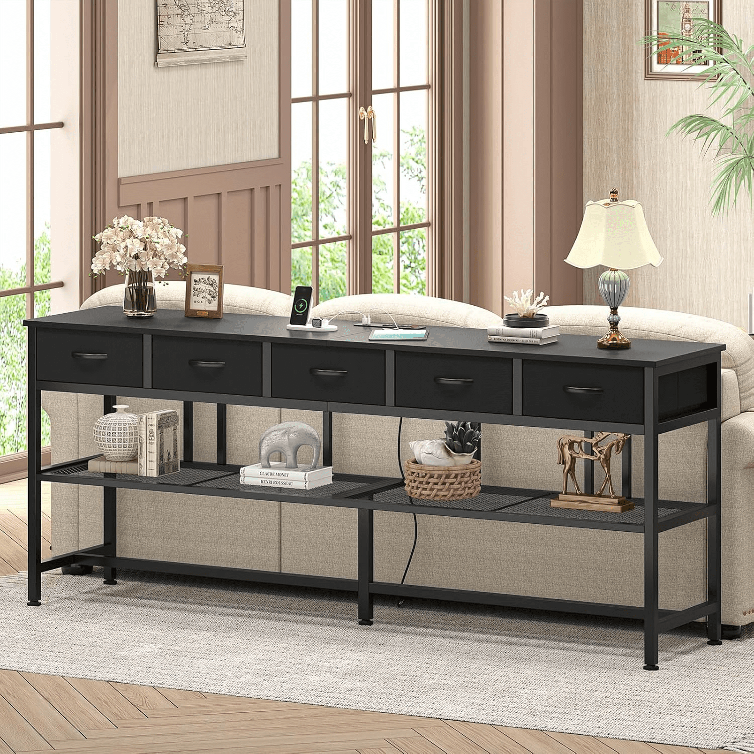 HLTIDJ 70.9 inch Narrow Console with Power Outlets Long Sofa Behind ...