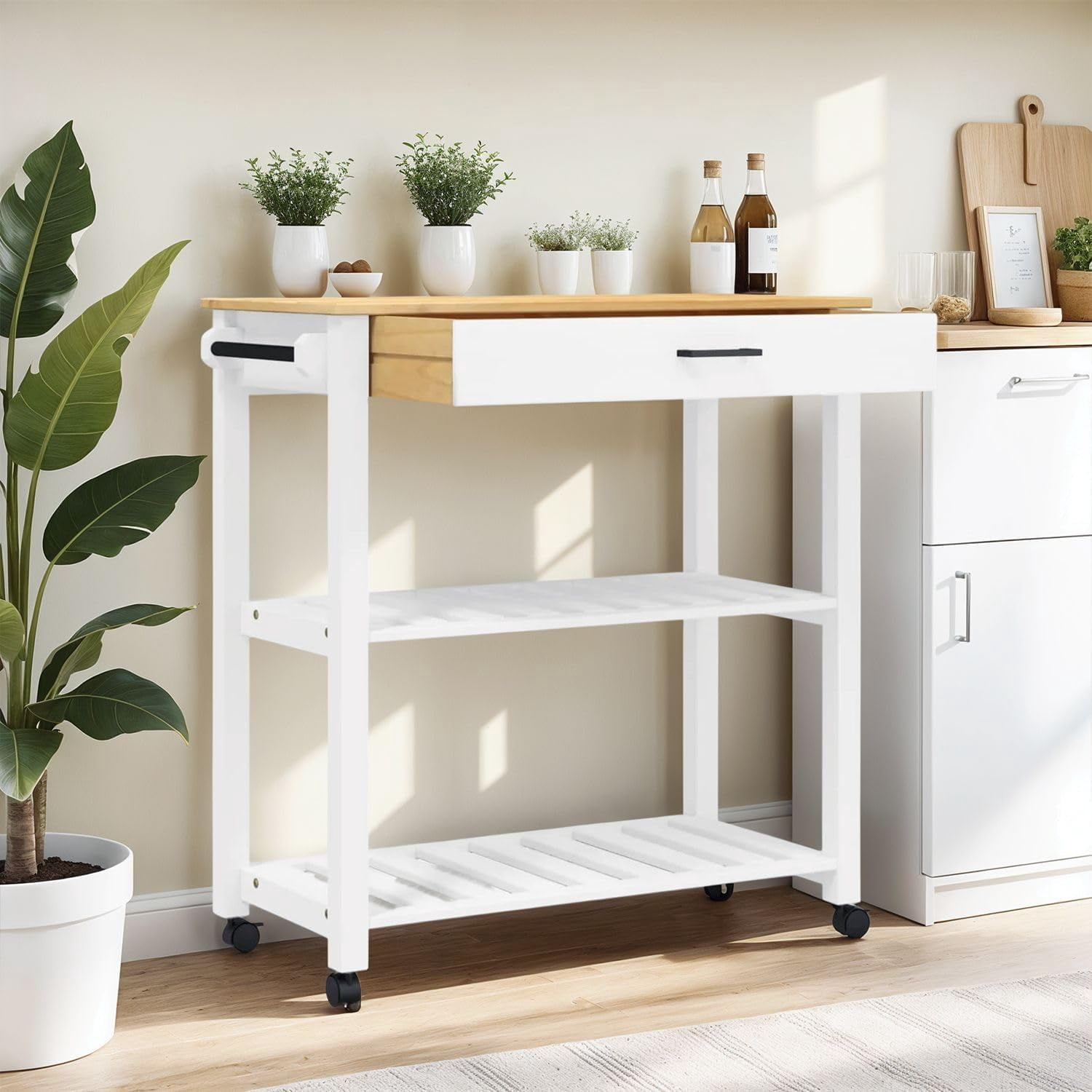 HLTIDJ Rolling Wooden Cart Trolley Island with Drawer & 3 Shelves Small ...