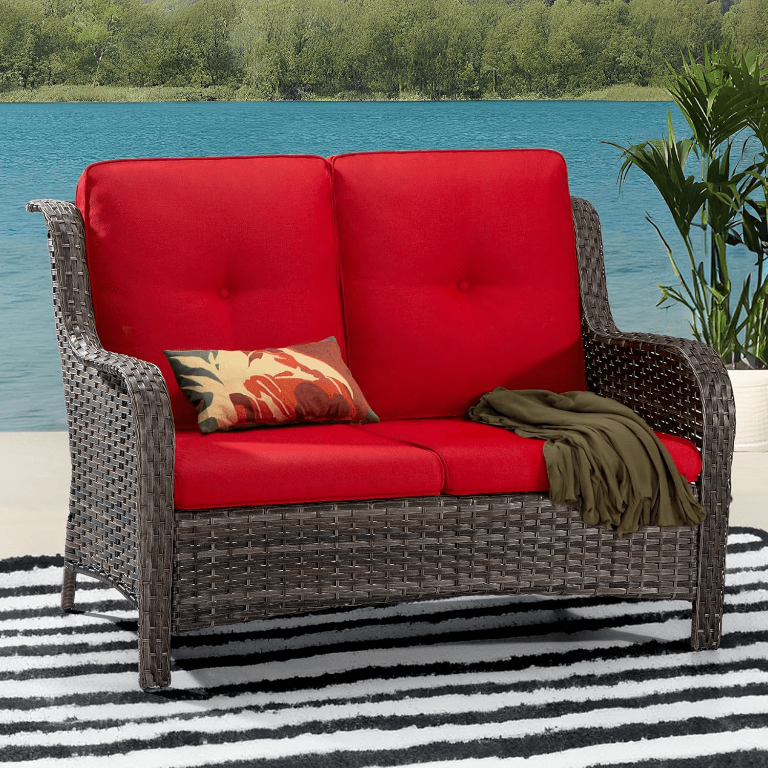 HLTIDJ Sofa Wicker 2-Seat Outdoor Couch with Deep High Back Steel Frame ...