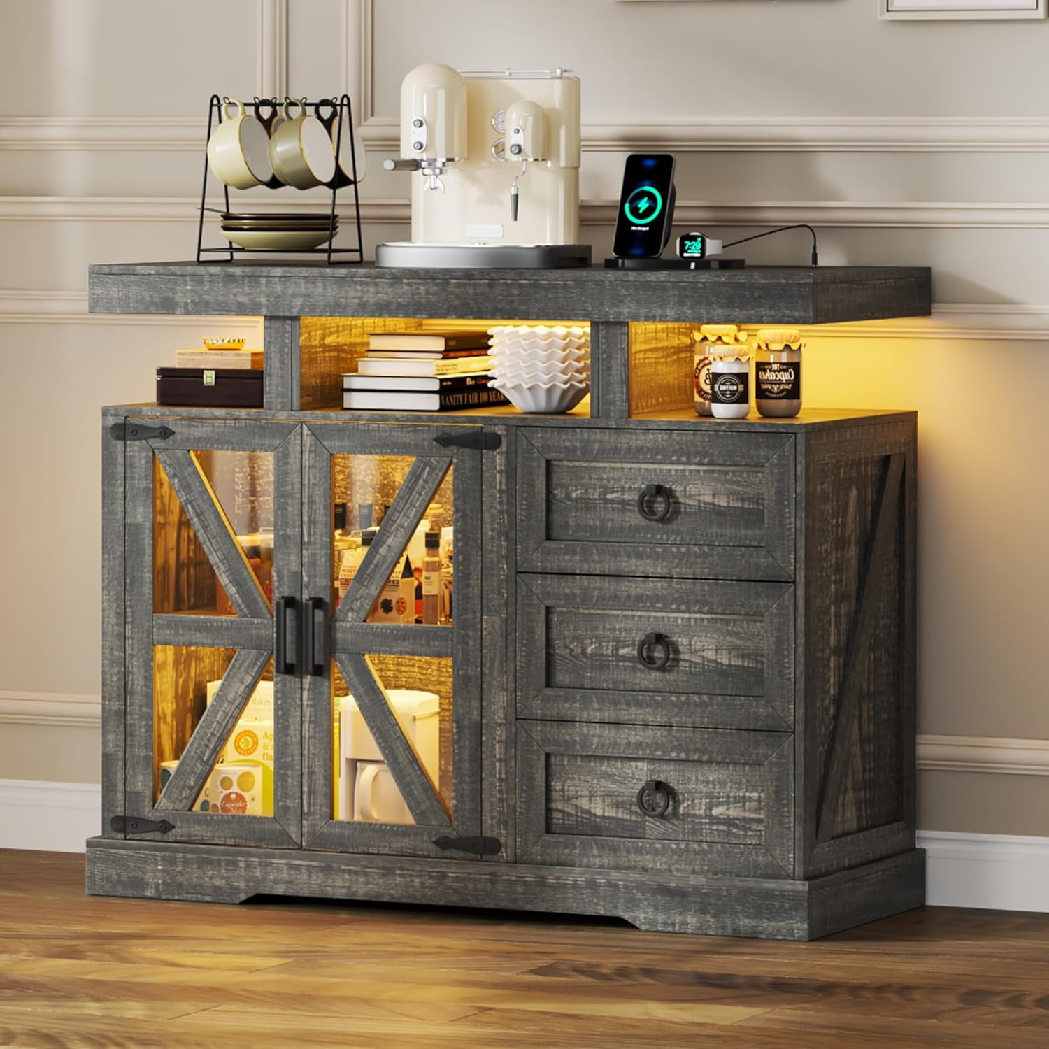 HLTJDUN LED Farmhouse Sideboard Buffet Cabinet with Storage Wood Coffee ...